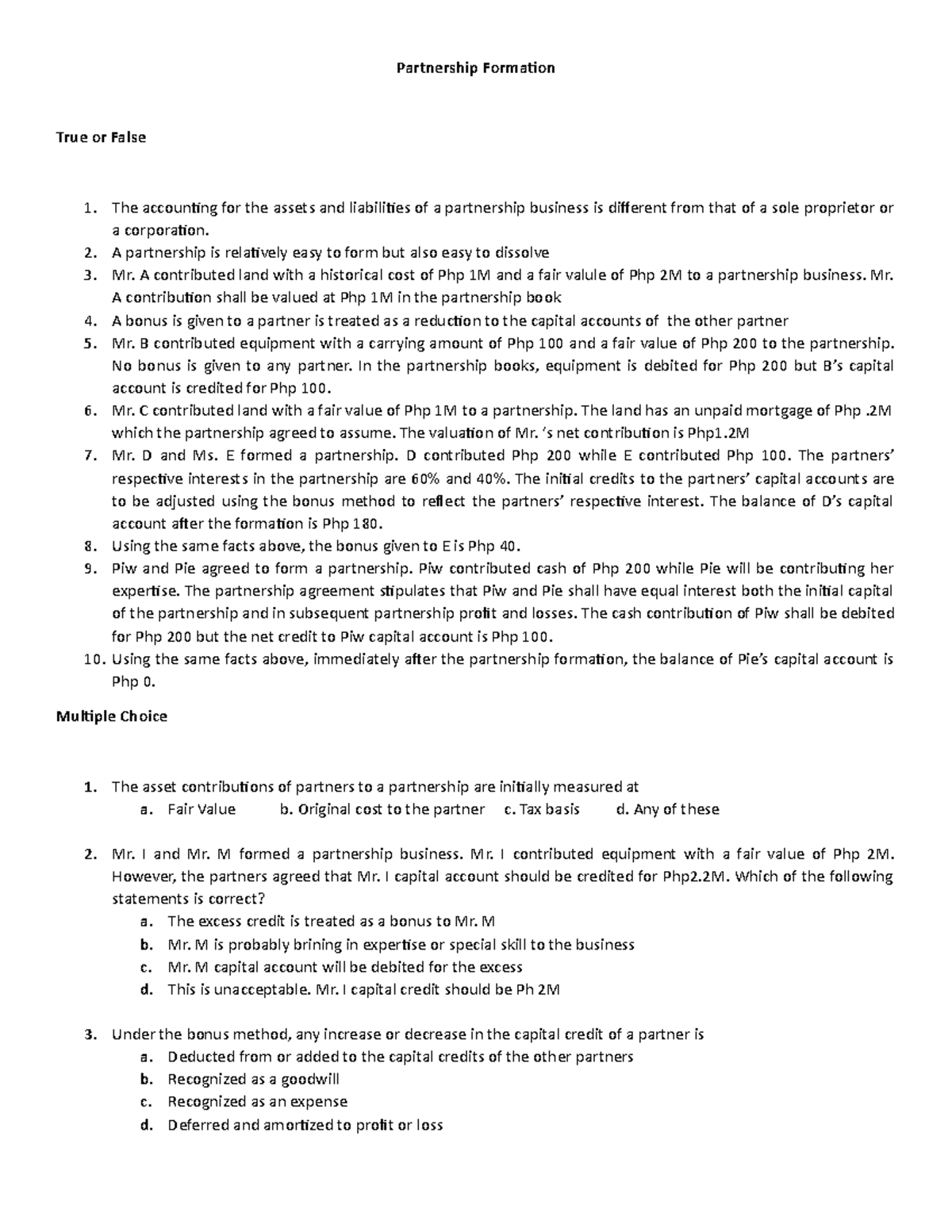 Partnership Formation: True/False, MCQs & Problem Solving Exercises ...