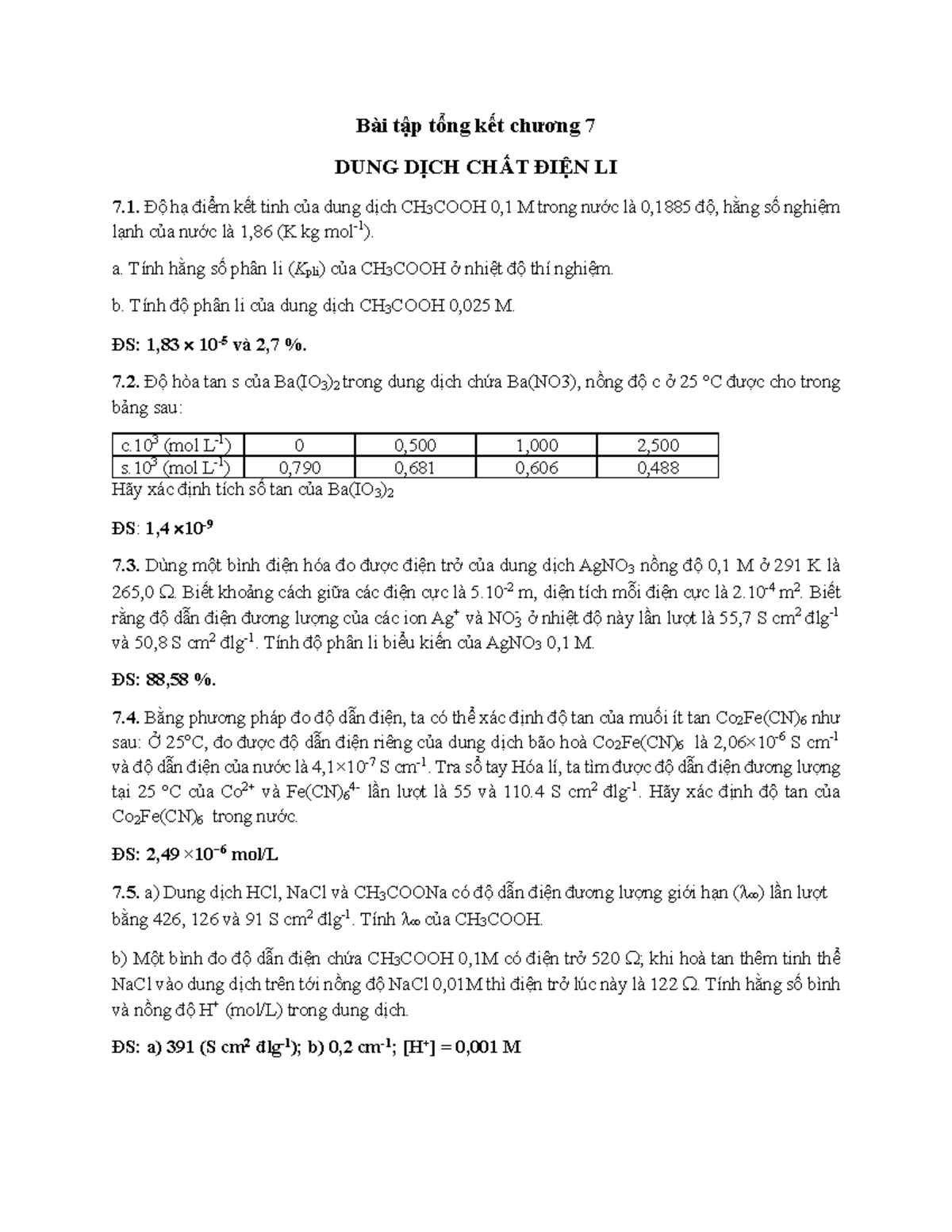 Bài tập tổng kết chương 7: Dung dịch chất điện li - Studocu