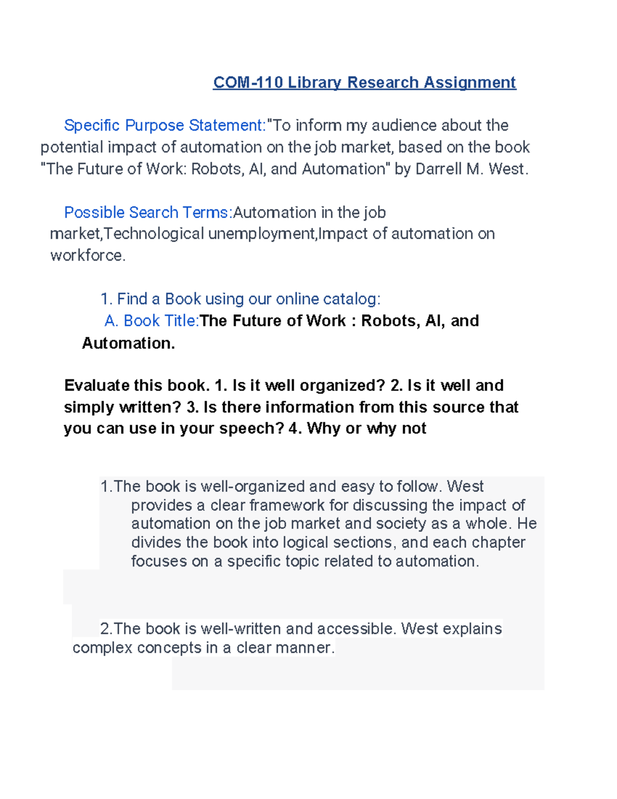 COM-110 Library Research Assignment - COM-110 Library Research ...