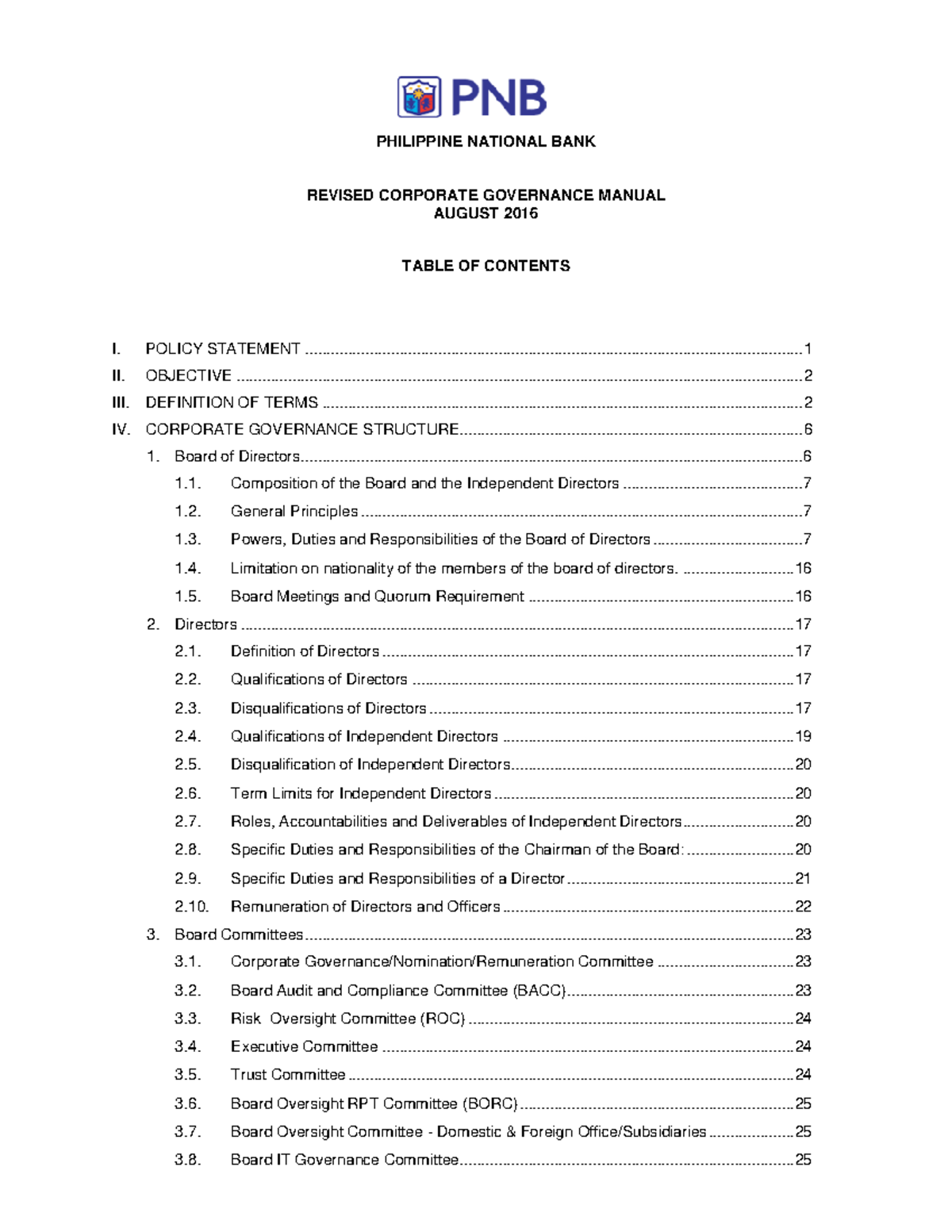 PNB Revised Corporate Governance Manual - Key Policies and Structure ...