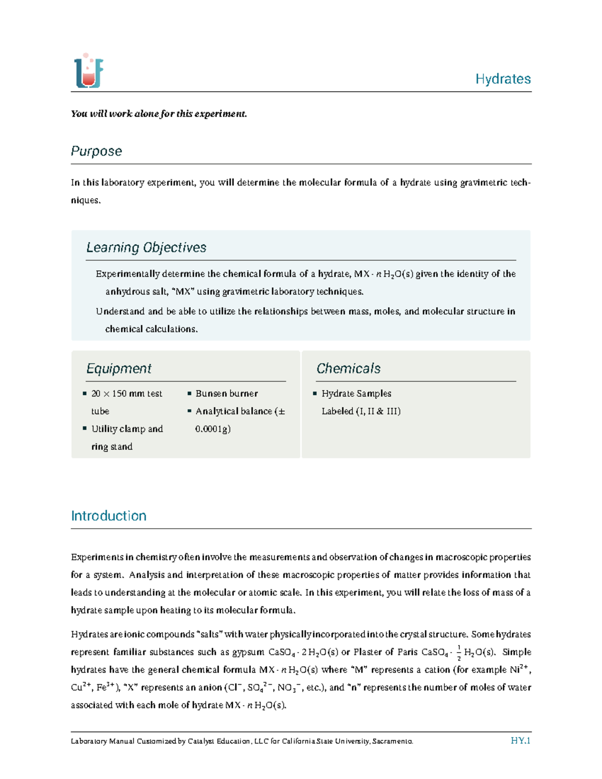 1A-HY Hydrates Lab Experiment: Determining Molecular Formula - Studocu