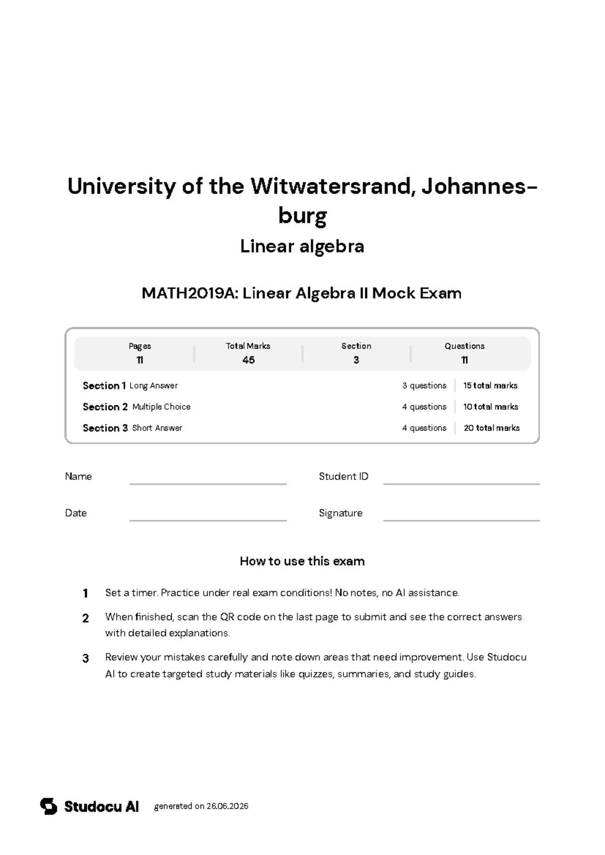 MATH2019A: Linear Algebra II Mock Exam - Studocu