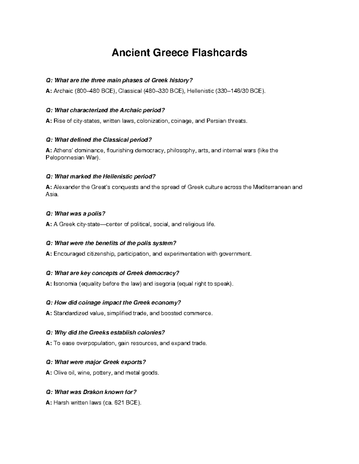 Ancient Greece: Key Concepts Flashcards for History Study - Studocu