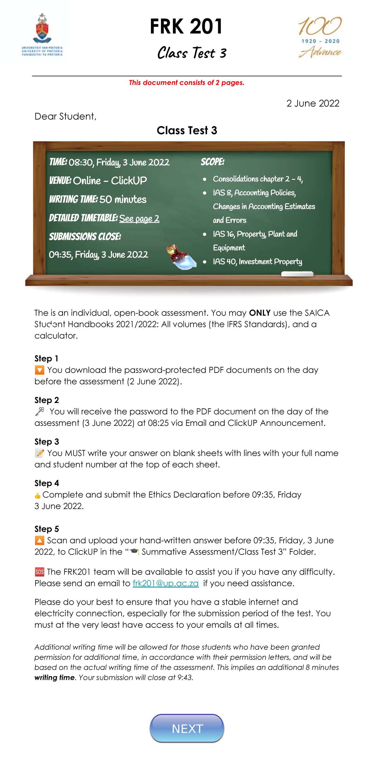 FRK 201 Class Test 3 Instructions and Guidelines for Students - Studocu