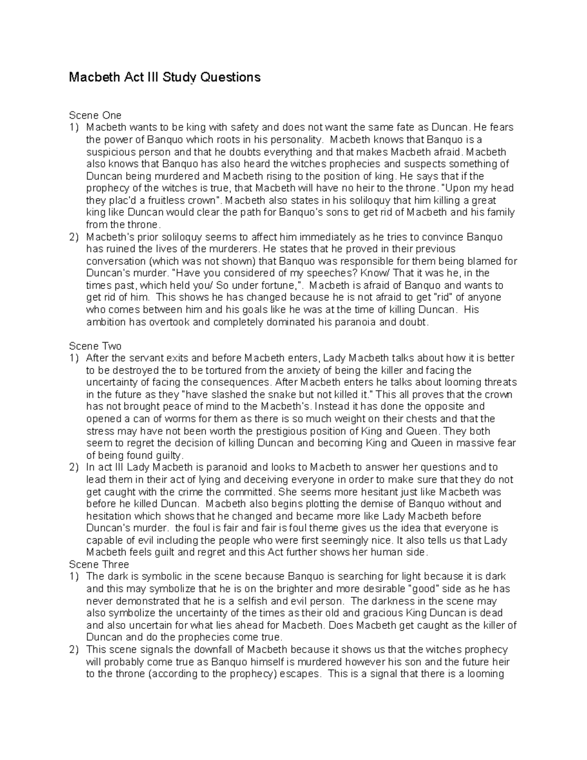 Macbeth Act III Study Questions and Analysis - Studocu