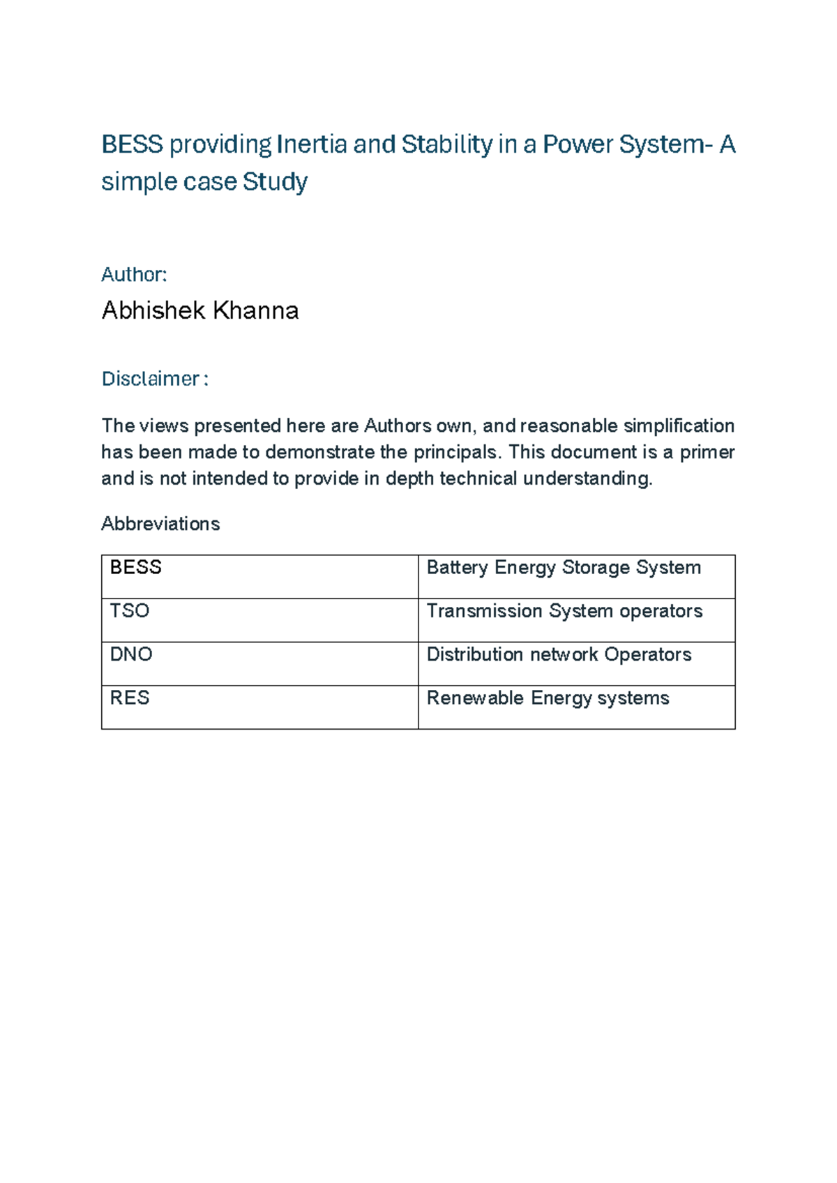 BESS Inertia & Stability in Power Systems: A Case Study - Studocu