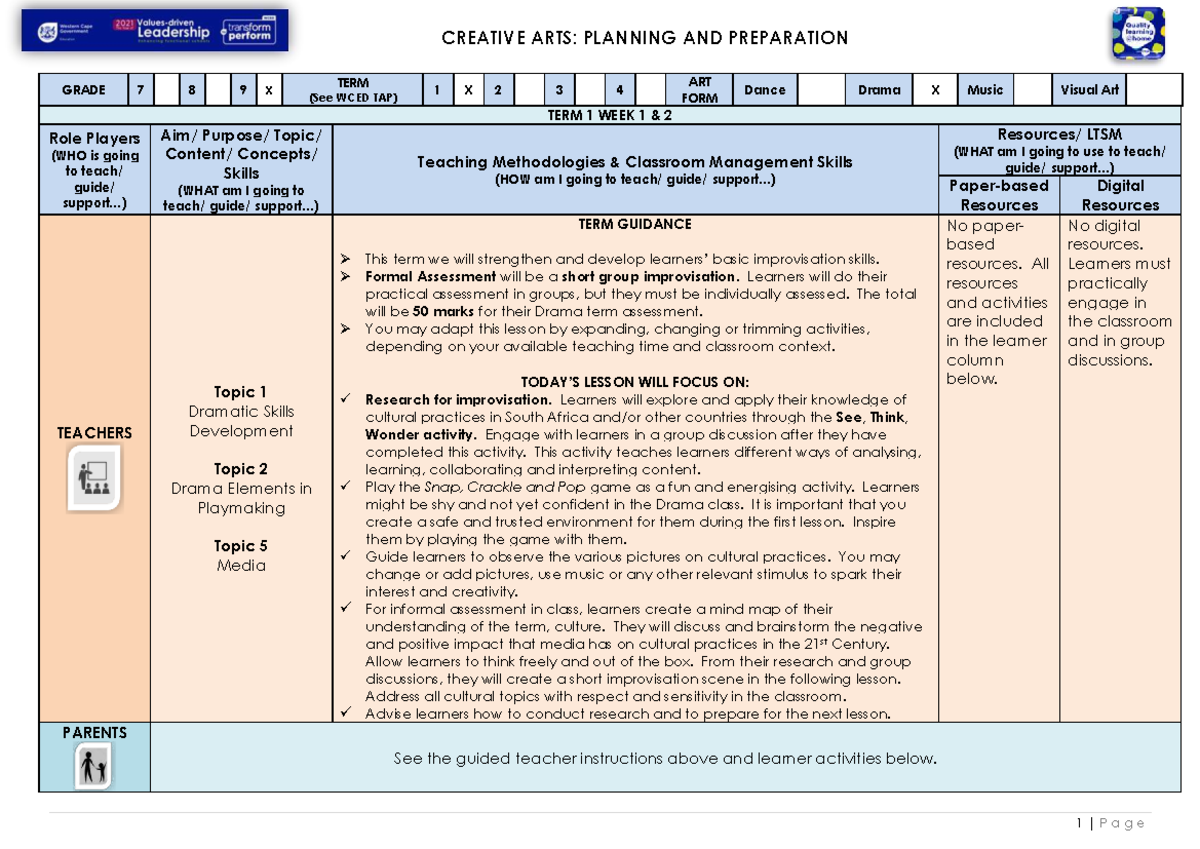Lesson Plan Gr.9 Creative Arts Drama T1 W1-2: Improvisation Skills ...