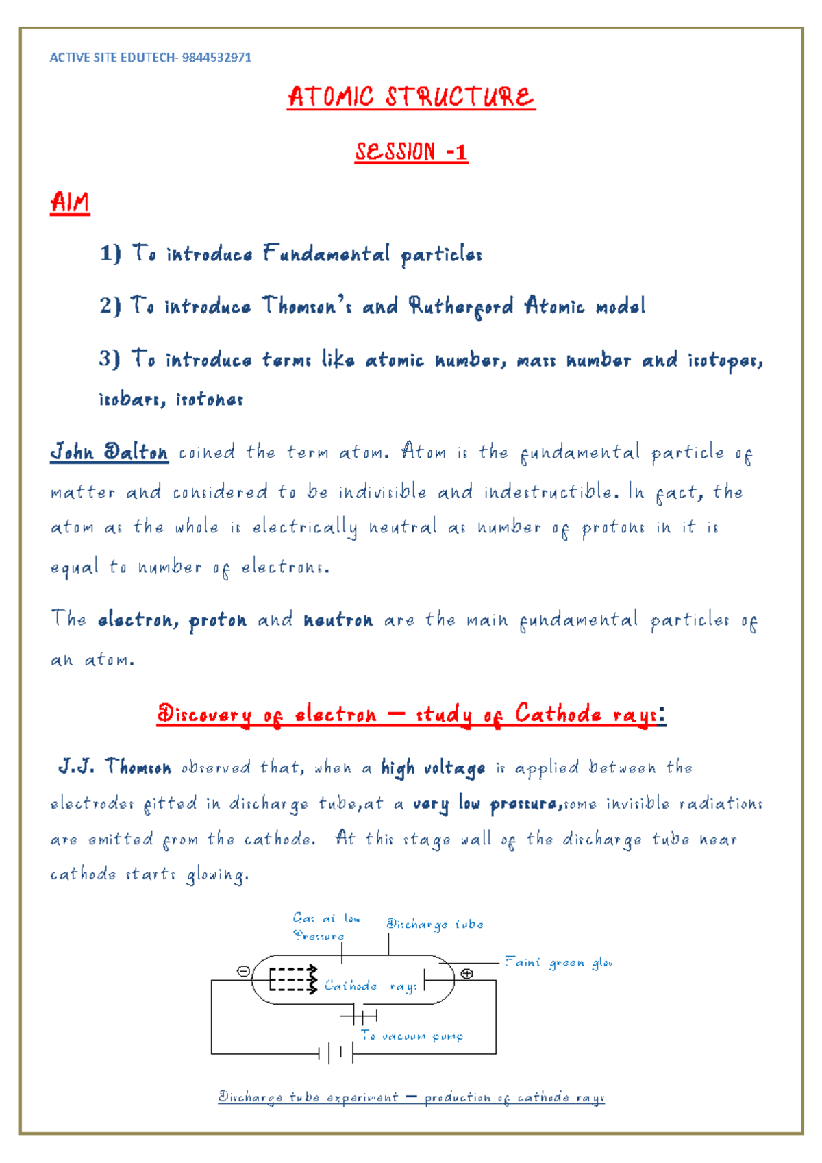 ACTIVE SITE 9844532971 ATOMIC STRUCTURE CLASS NOTES: FUNDAMENTAL ...