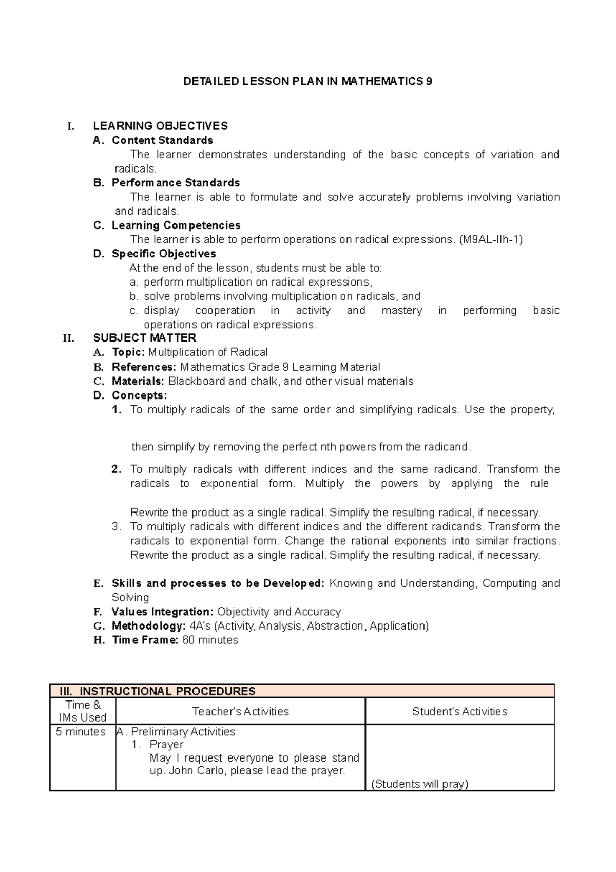Detailed Lesson PLAN IN Mathematics 9. Multiplication - DETAILED LESSON ...