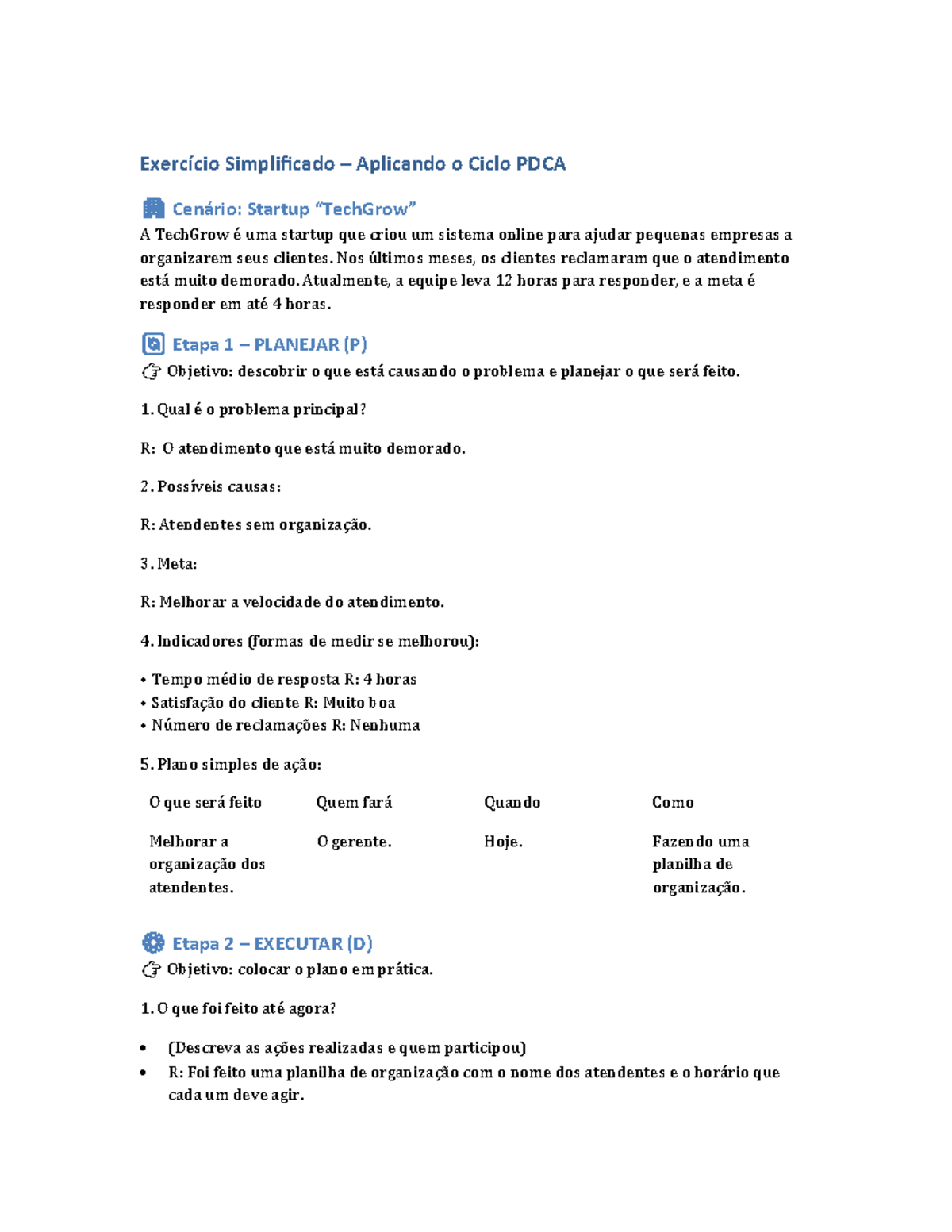 Ciclo PDCA: Melhoria do Atendimento na Startup TechGrow - Studocu