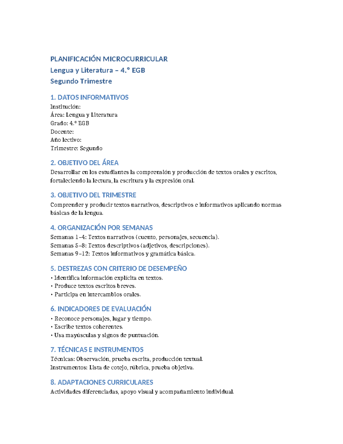 Planificación Microcurricular Lengua y Literatura 4.º EGB - 2.º ...