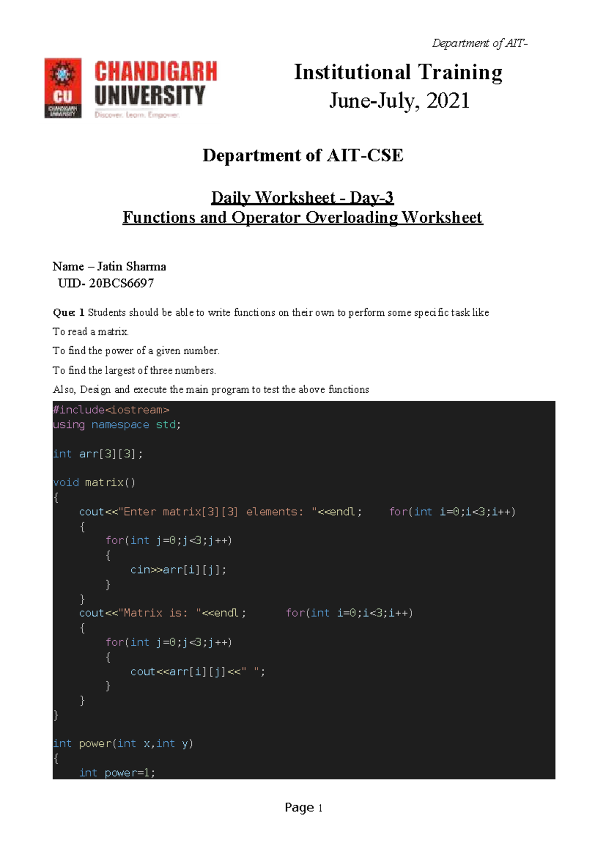 AITCSE 20BCS6697 Institutional Training Functions & Operators Worksheet ...