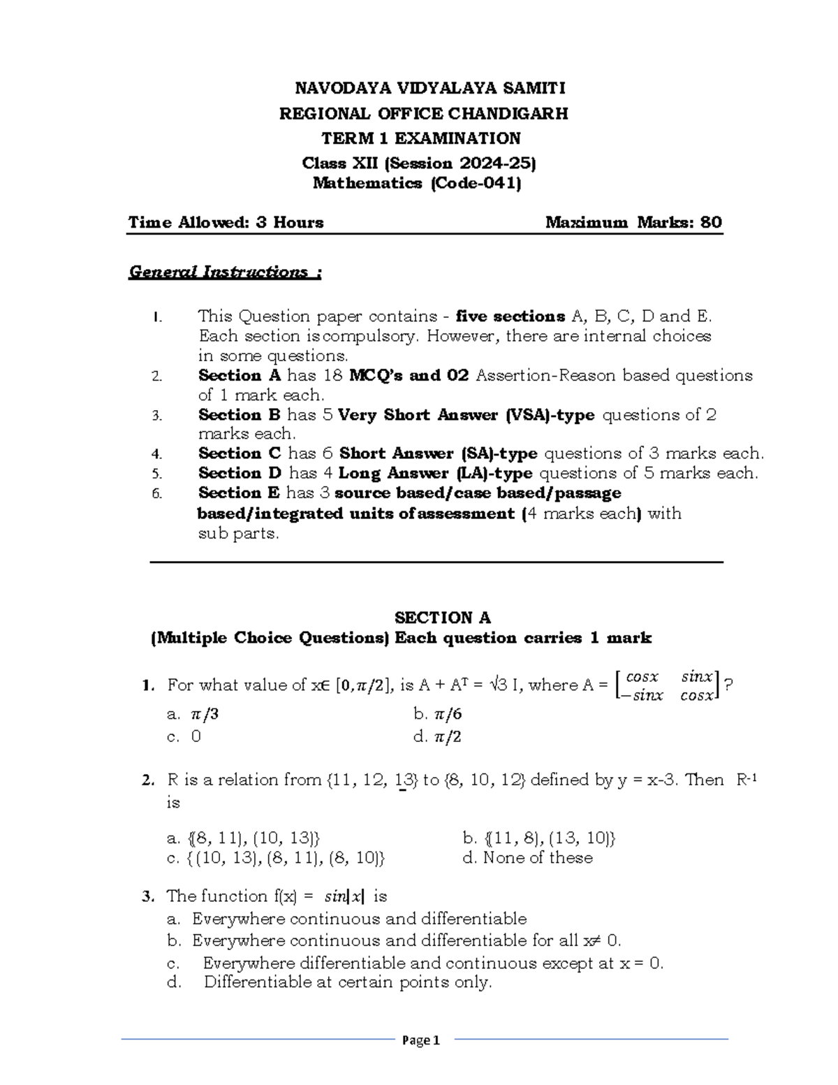 XII Maths - Term 1 Exam Question Paper (Code-041) Practice - Studocu