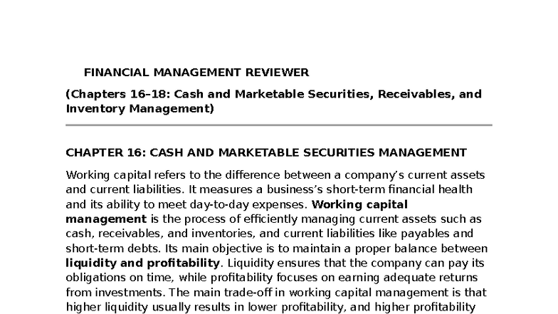 FINANCIAL MANAGEMENT REVIEWER: Cash, Receivables & Inventory Management ...