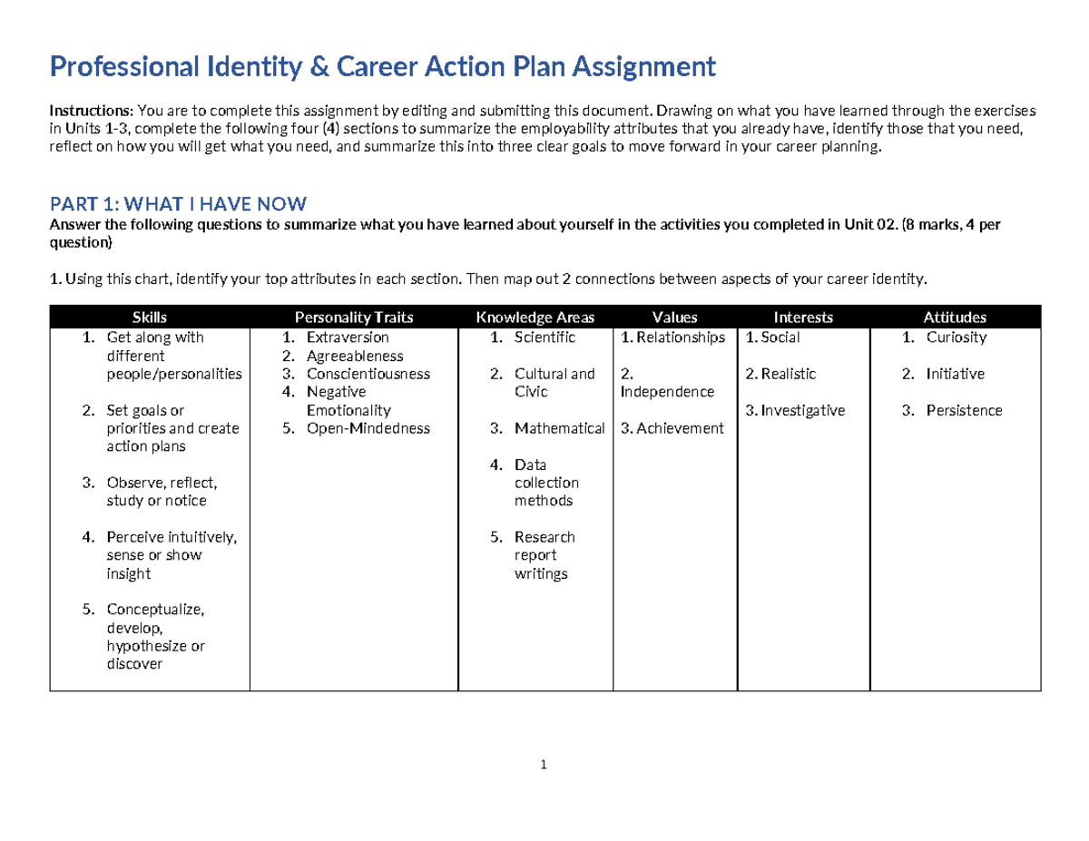 Career Action Plan: Professional Identity Development Assignment - Studocu