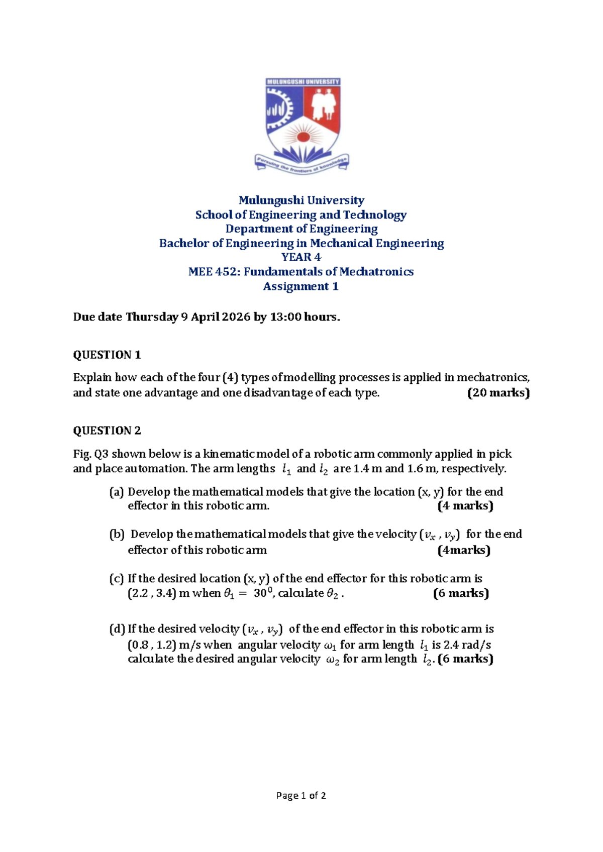 MEE 452: Mechatronics Assignment 1 - Modelling Processes & Robotic Arm ...