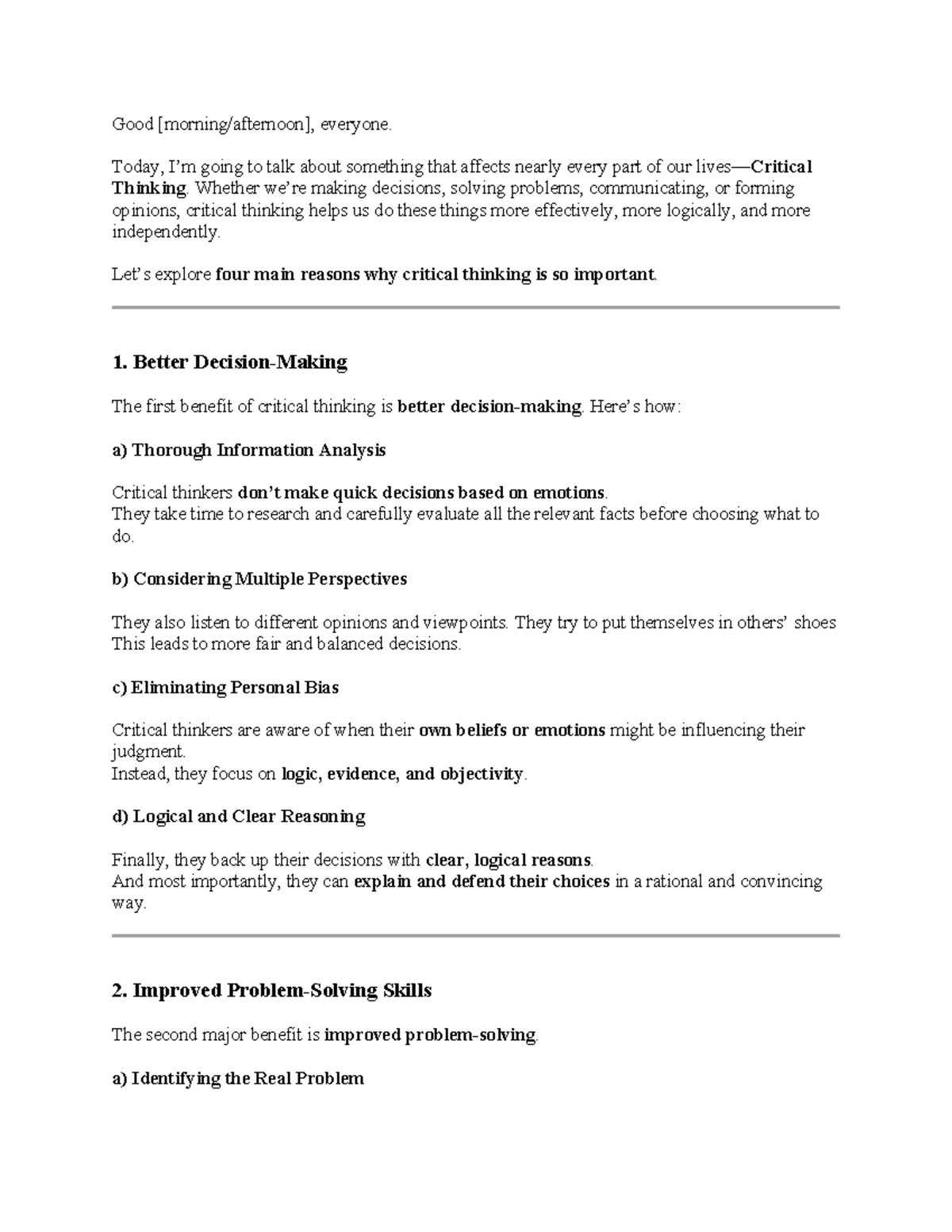 Critical Thinking Notes: Importance and Benefits - Studocu