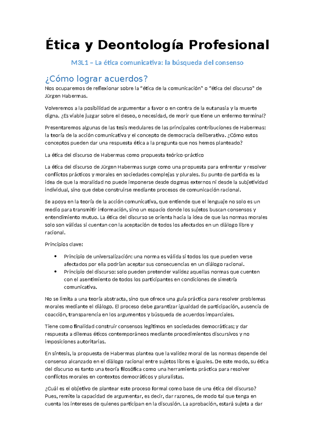 M3L1 - Ética Comunicativa: Consenso y Argumentación en Habermas - Studocu