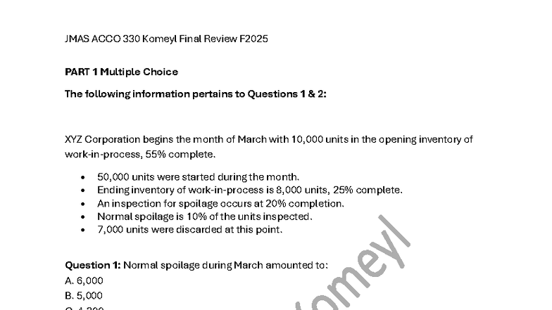 JMAS ACCO 330 Komeyl Final Review F2025: Multiple Choice Questions ...