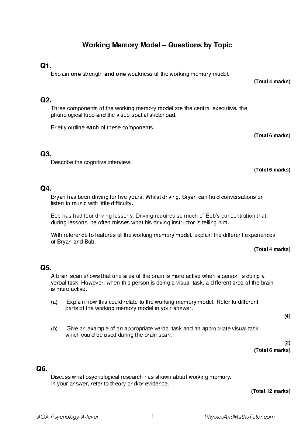 AQA Psychology 1 - Working Memory Model Practice Questions - Studocu