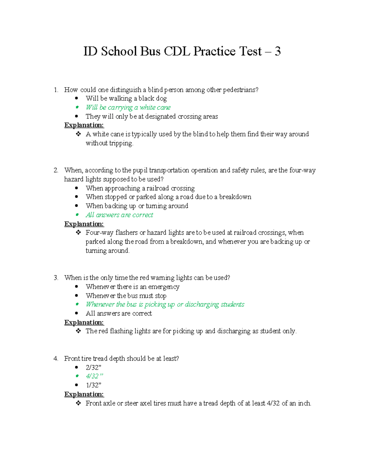 ID School Bus CDL Practice Test 3: Key Safety Insights - Studocu