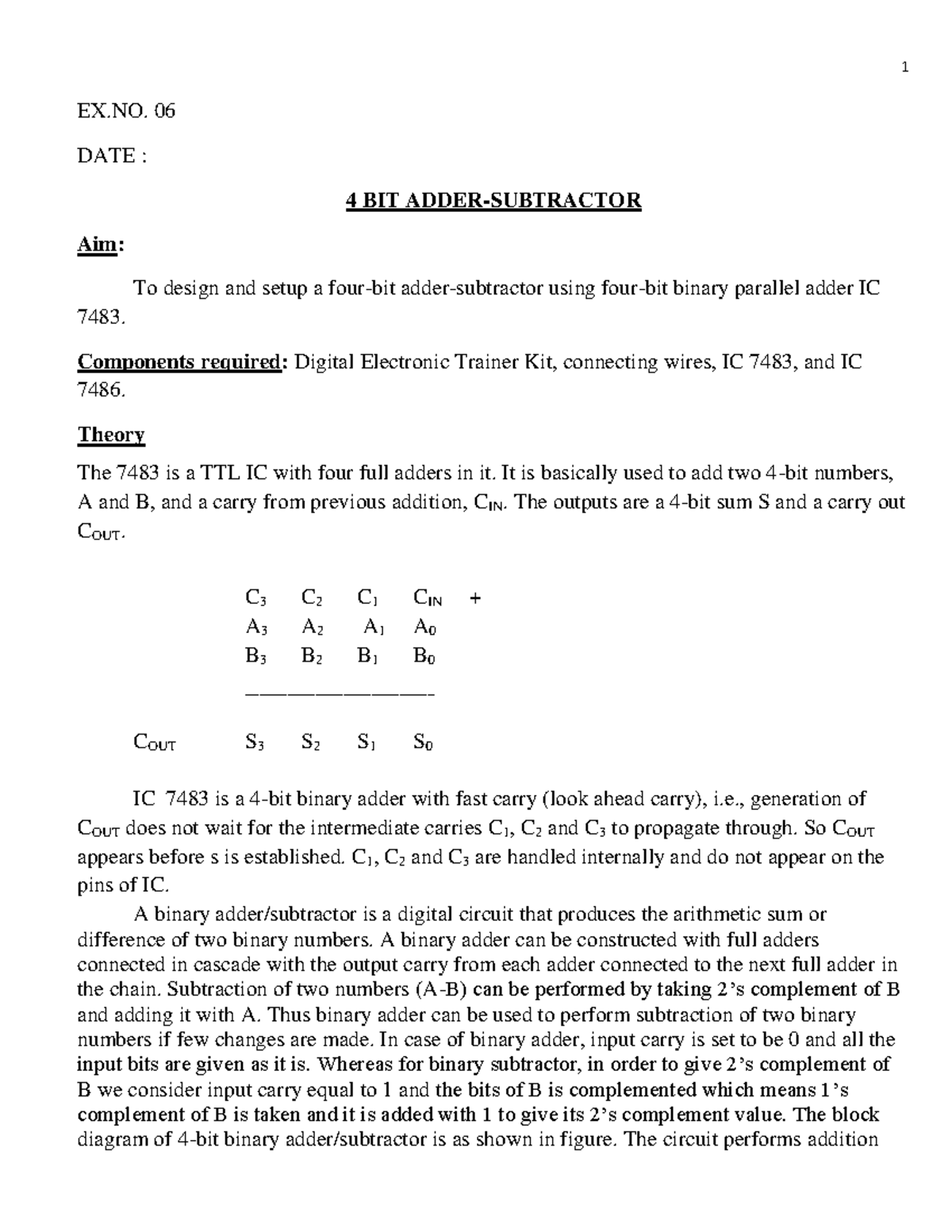 EXP.NO.06: Four-Bit Adder-Subtractor Using IC 7483 - Lab Report - Studocu