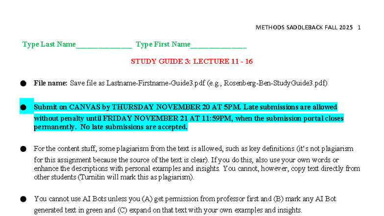 METHODS SADDLEBACK FALL 2025: Study Guide 3 for Lecture 11-15 - Studocu