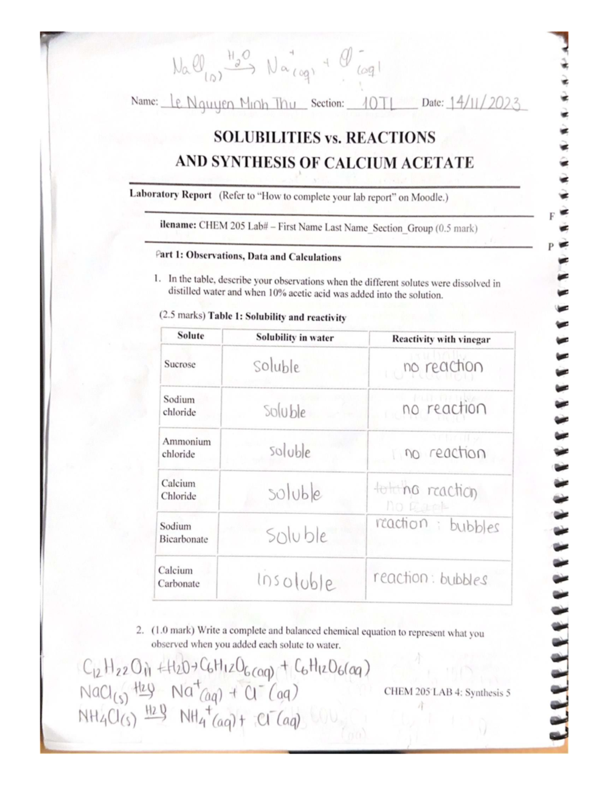 CHEM 205 Lab 4: Solubility and Synthesis of Calcium Acetate - Studocu
