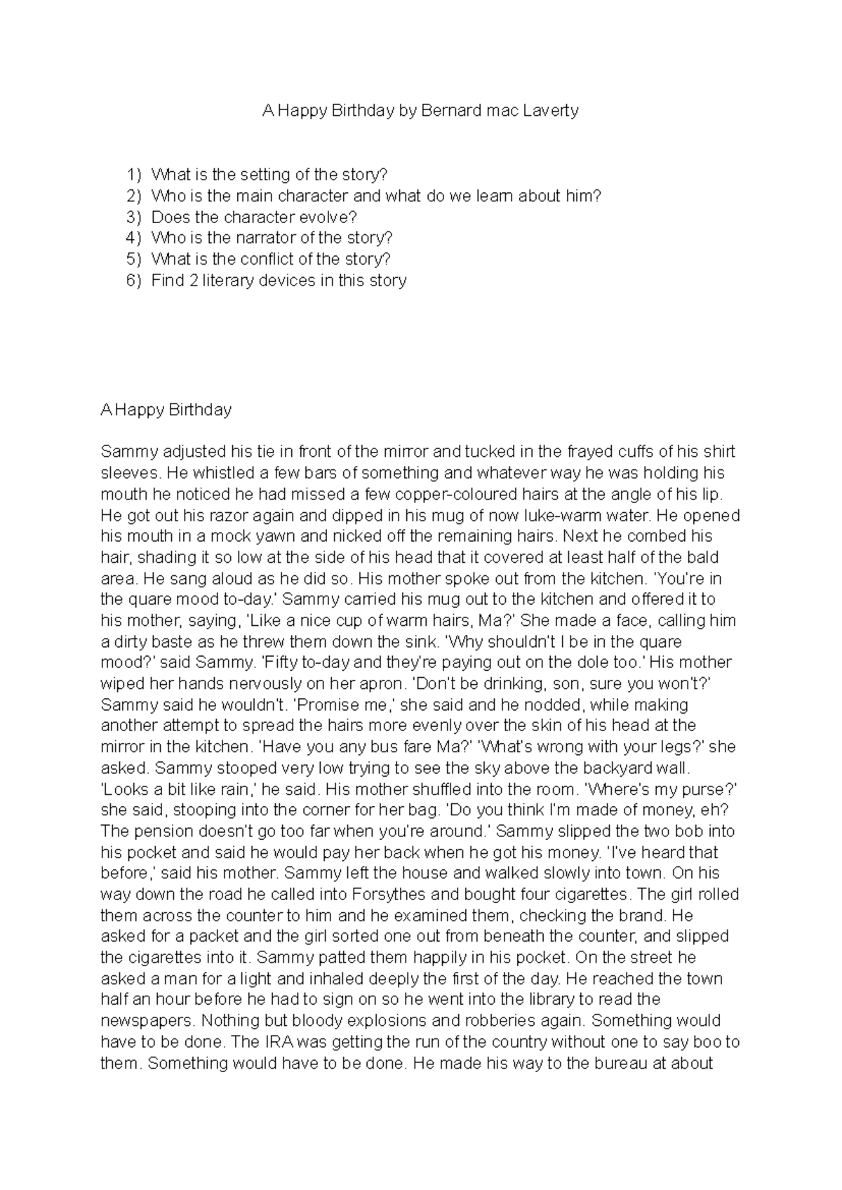 Analysis Questions for "A Happy Birthday" by Bernard Mac Laverty ...