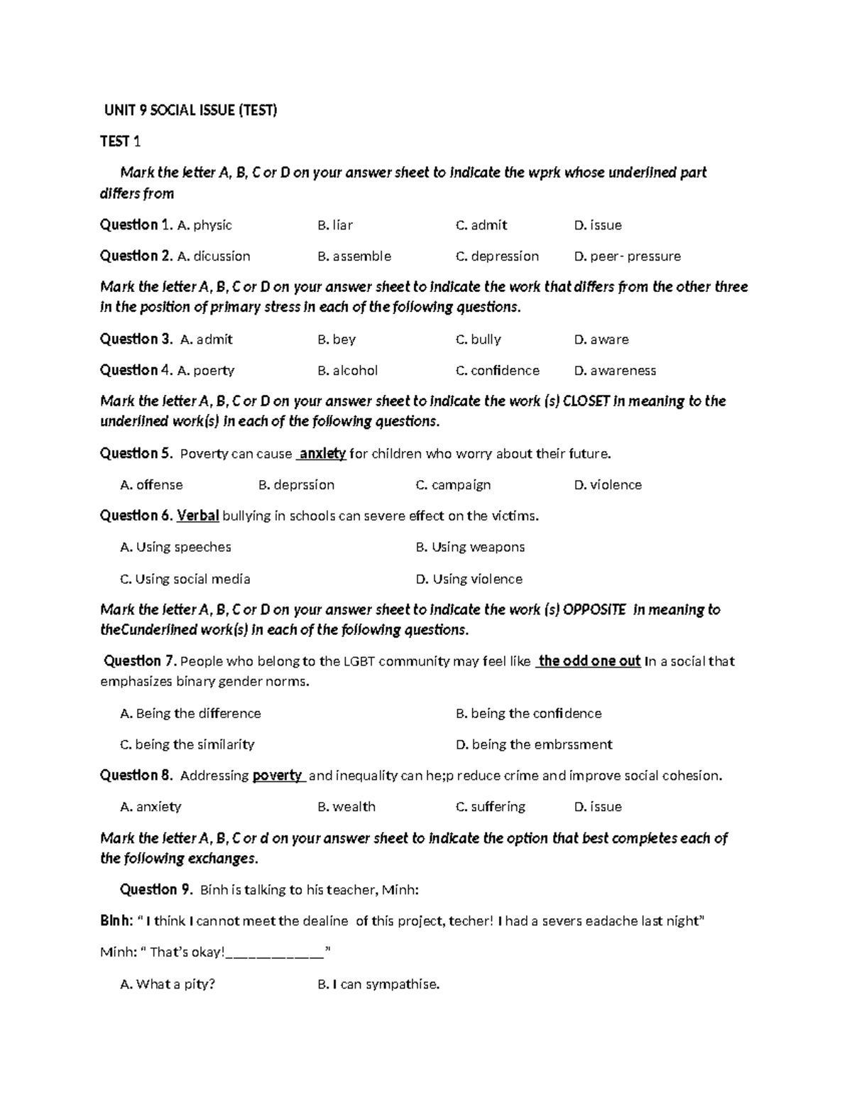 UNIT 9 Social Issue - good luck - UNIT 9 SOCIAL ISSUE (TEST) TEST 1 ...