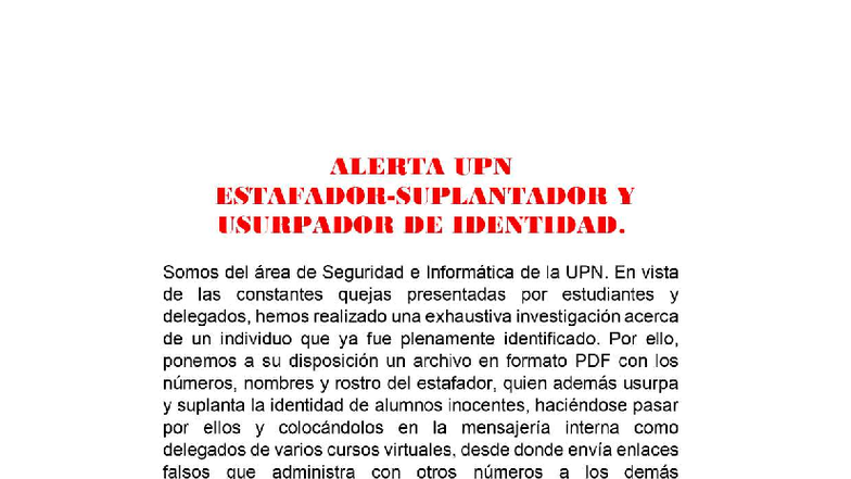 UPN Alerta: Identificación de Estafador y Usurpador de Identidad - Studocu