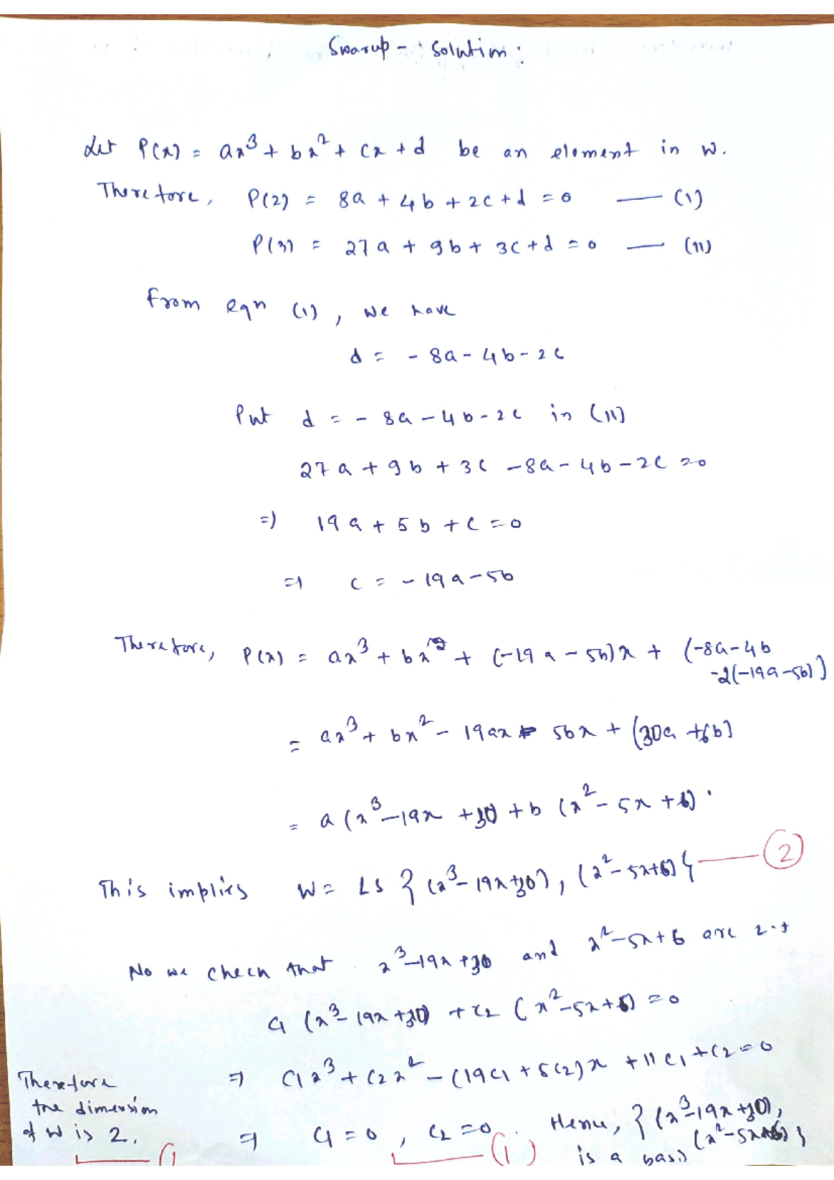 Mid-solution Maths 2 - mid sem sol - Swarup solution Let PCN ba2 be an element in W. There fore ...