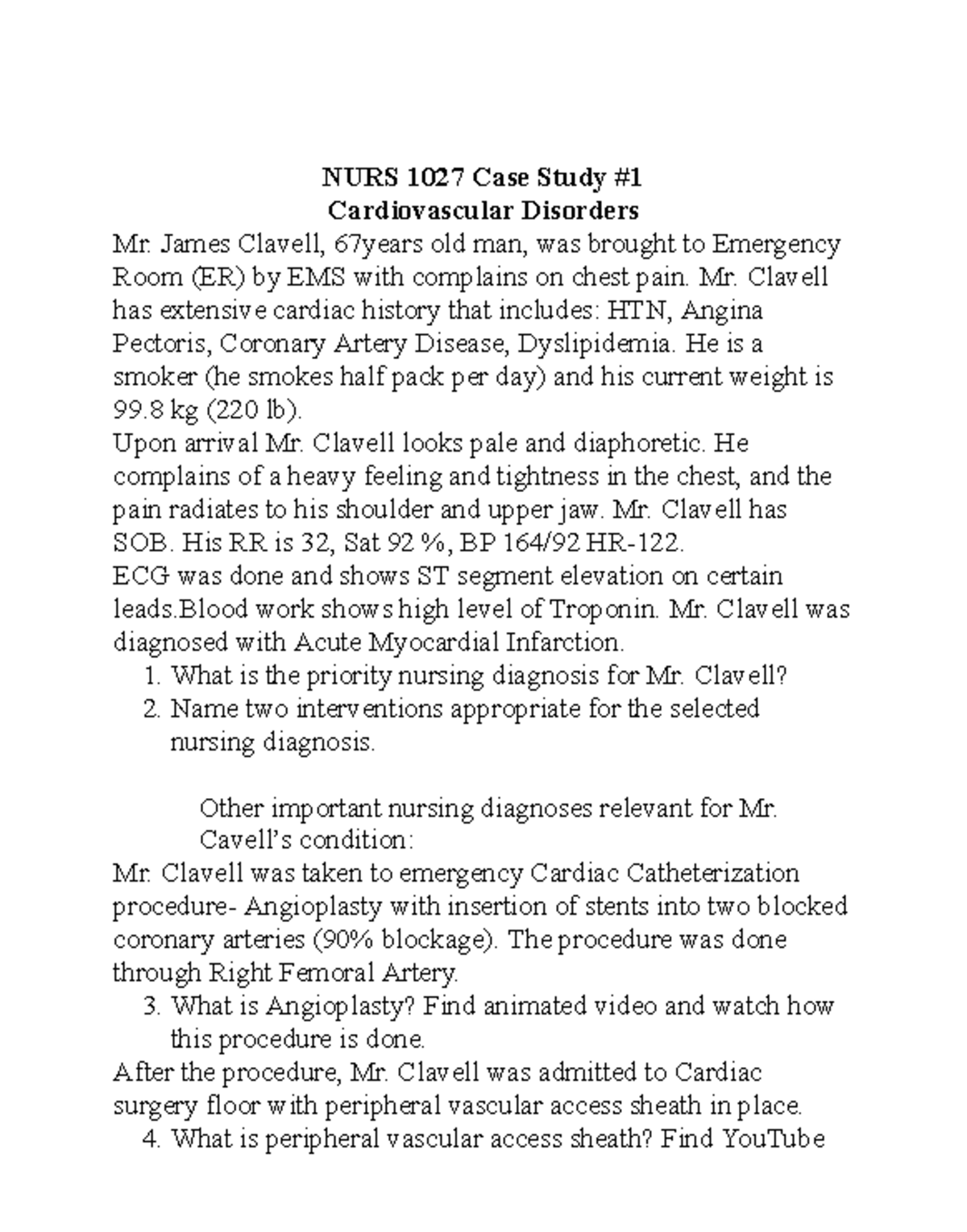 NURS 1027 Cardiovascular Case Study - NURS 1027 Case Study ...