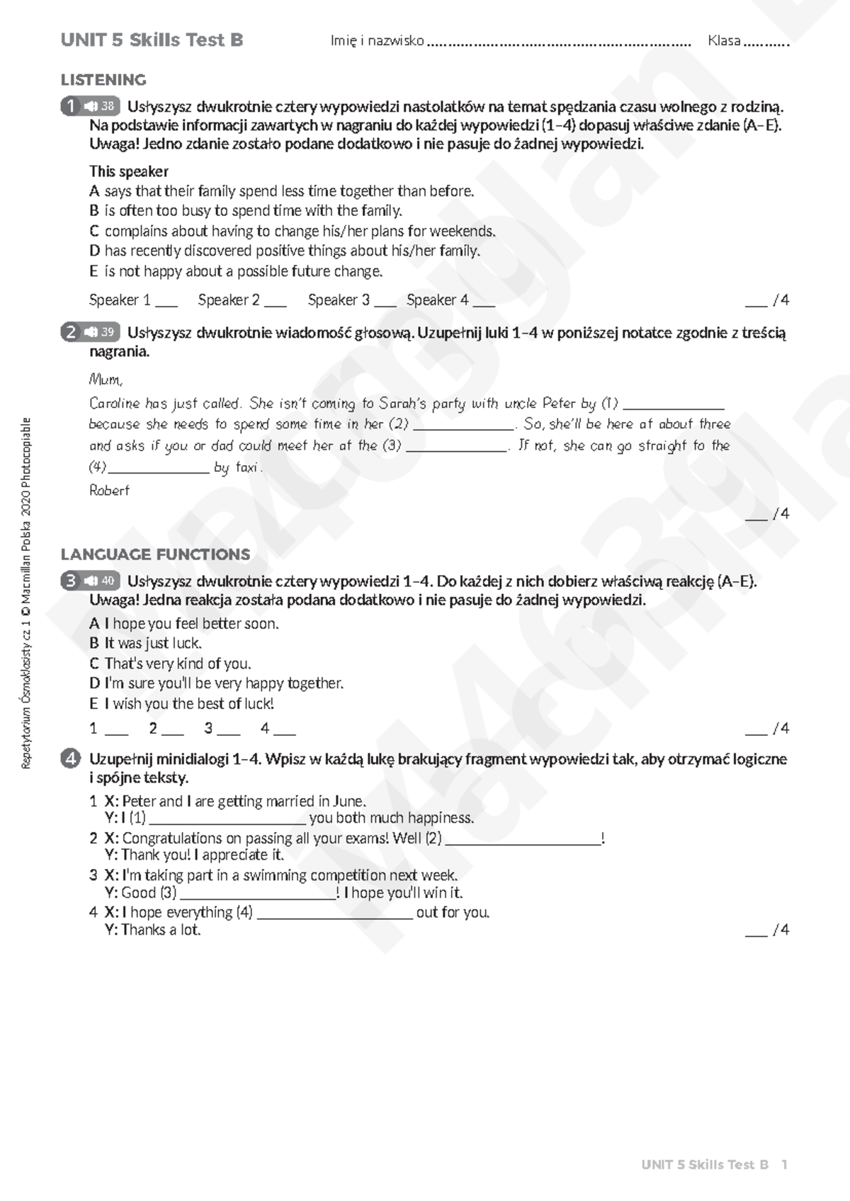 Unit 5 Skills Test B - Repetytorium Klasa 8: Listening & Reading ...