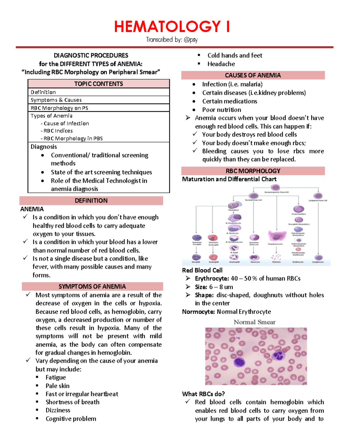 Diagnostic Procedures for Anemia: Types, Symptoms, and Treatments (HEM ...