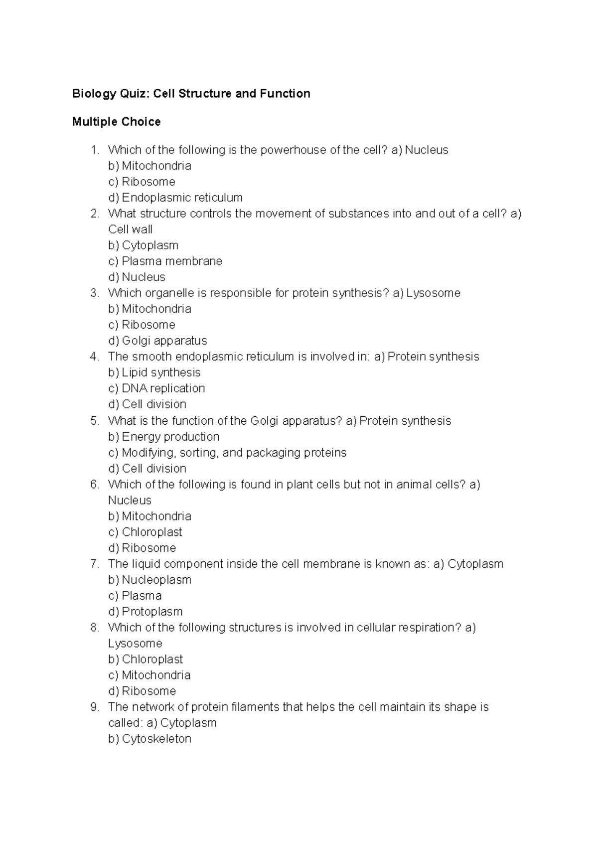 Biology Quiz 1 Cell Structure and Function - Google Docs - Biology Quiz ...