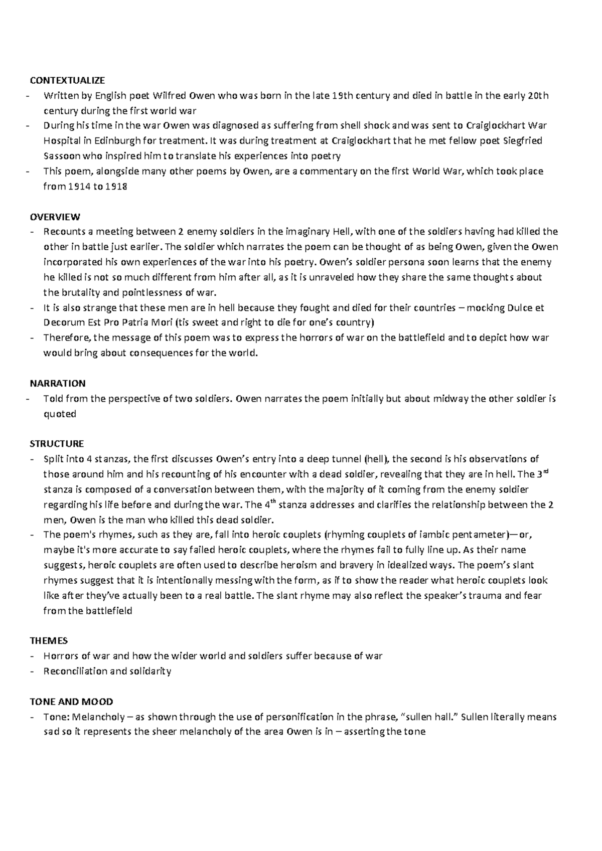 Line-by-Line Analysis of Wilfred Owen's "Strange Meeting" - Studocu