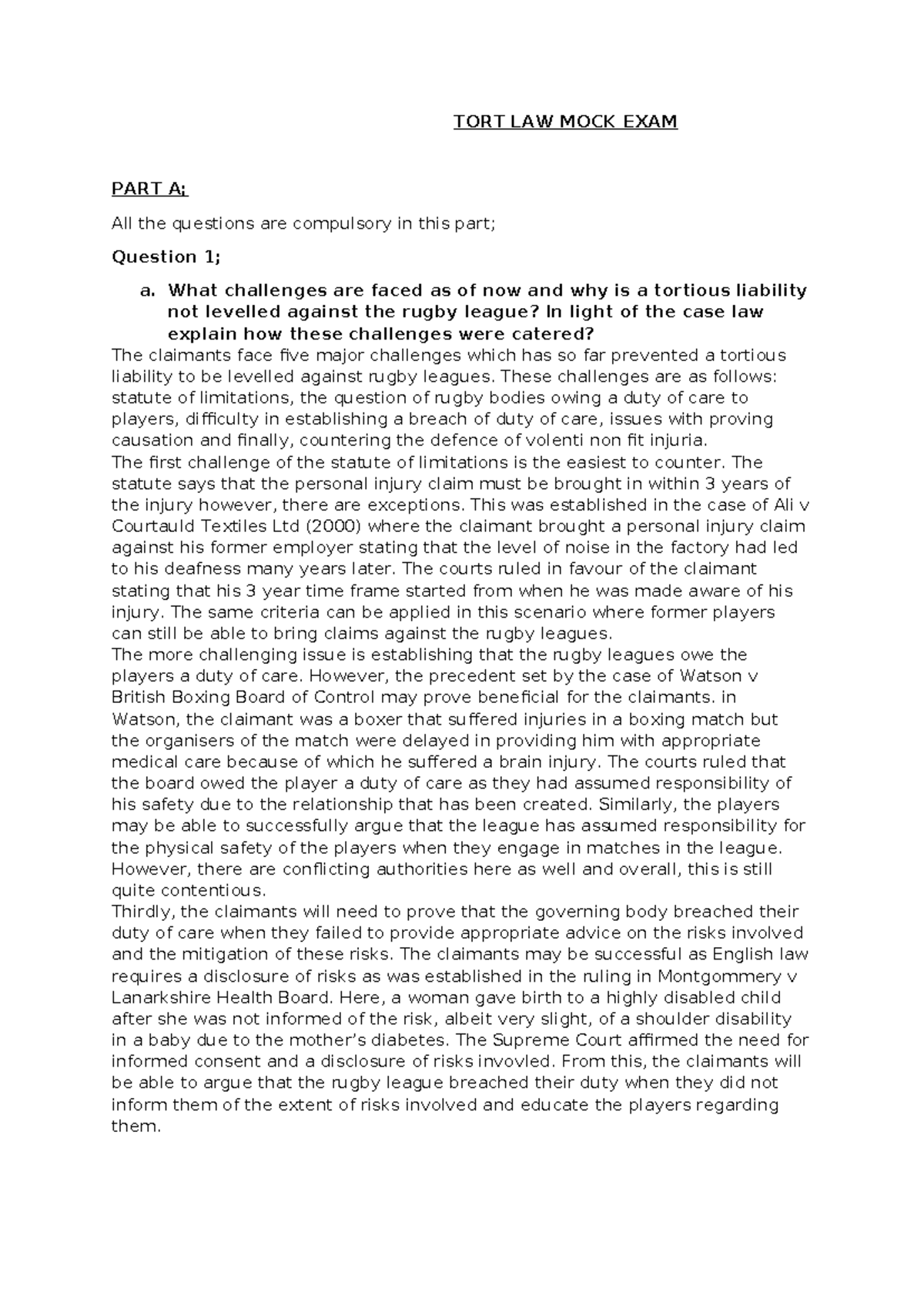 TORT LAW MOCK EXAM: Challenges in Establishing Liability Against Rugby ...