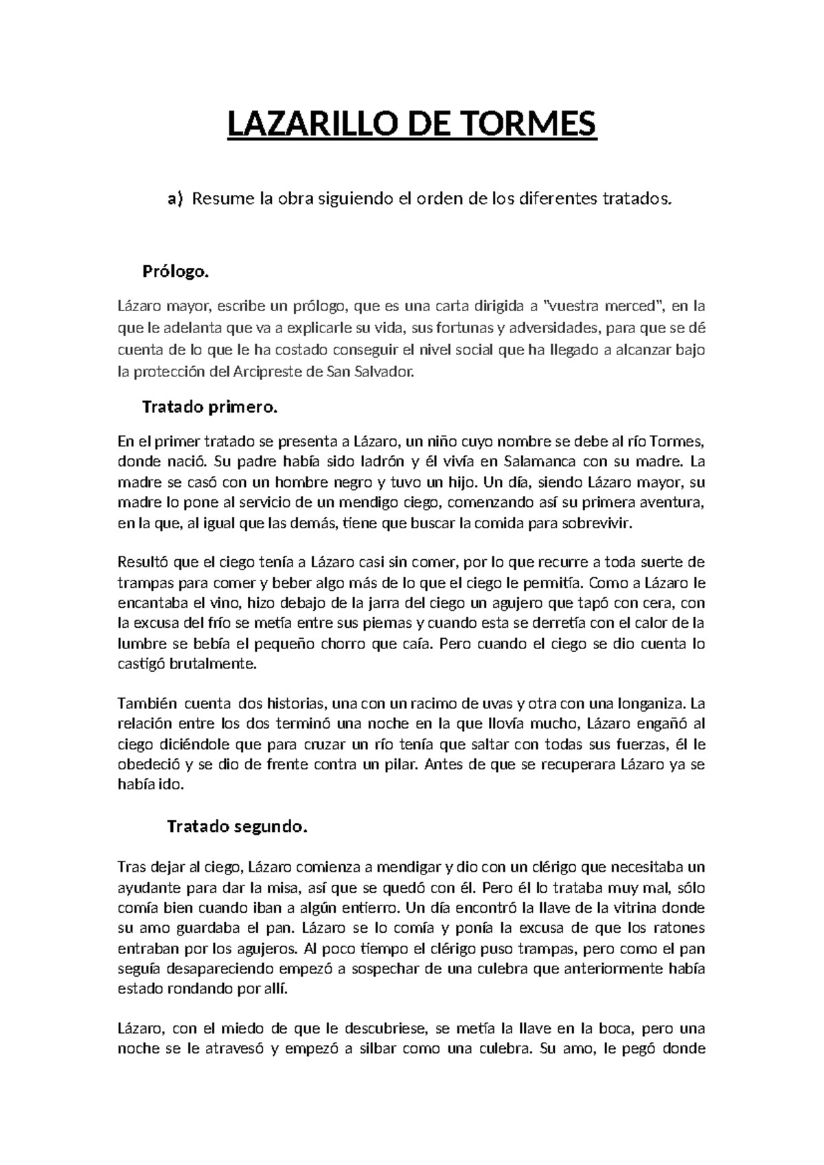 Lazarillo de Tormes: Resumen y Análisis de los Tratados - Studocu