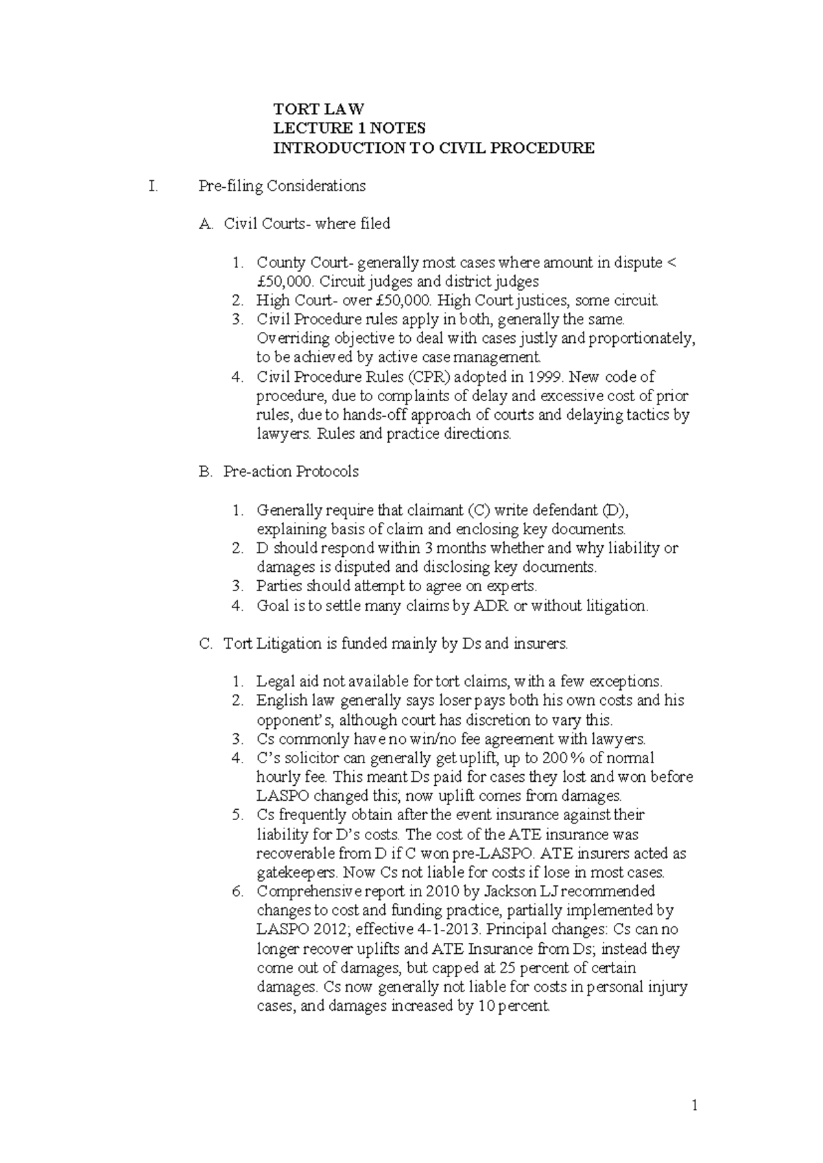 TORT LAW LECTURE 1: INTRODUCTION TO CIVIL PROCEDURE I NOTES - Studocu