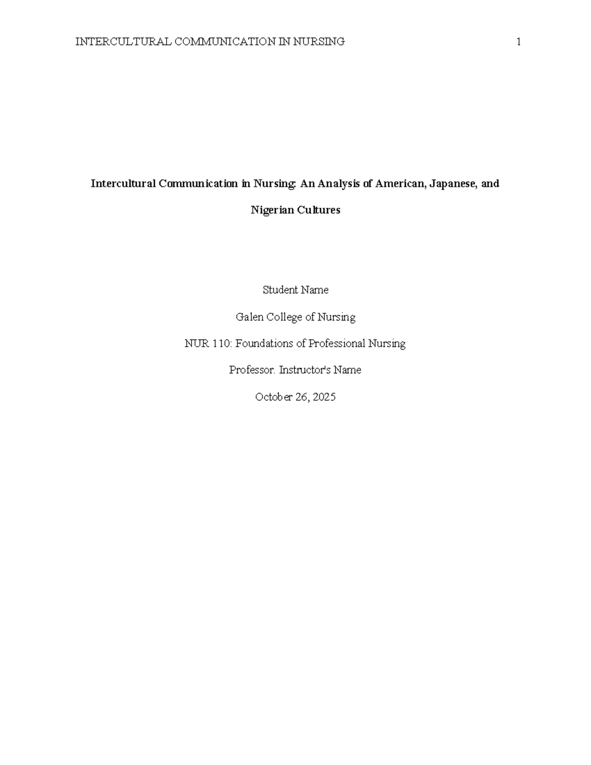 NUR 110: Intercultural Communication in Nursing - A Comparative ...
