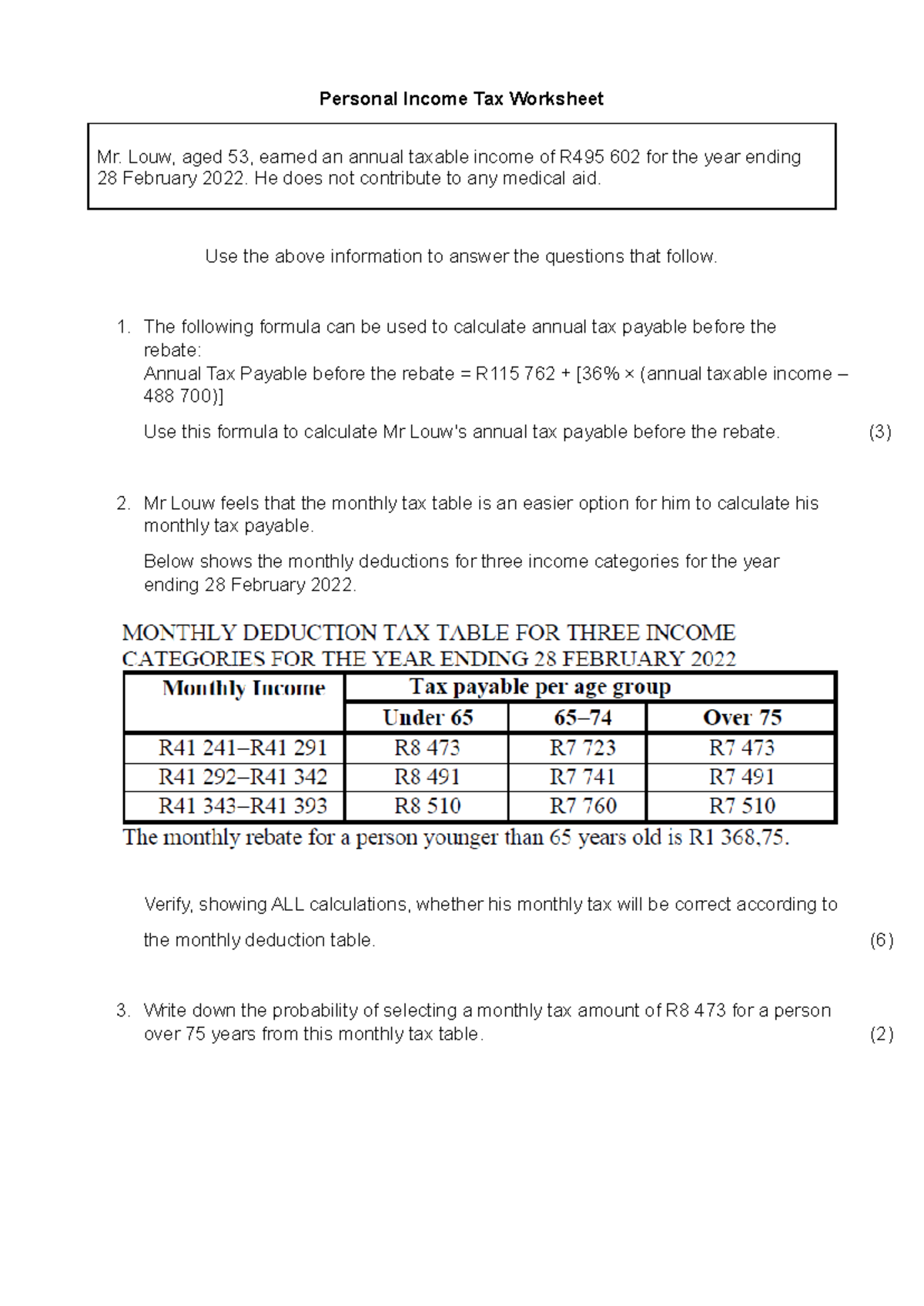 Personal Income Tax Worksheet: Mr. Louw's Tax Calculations - Studocu
