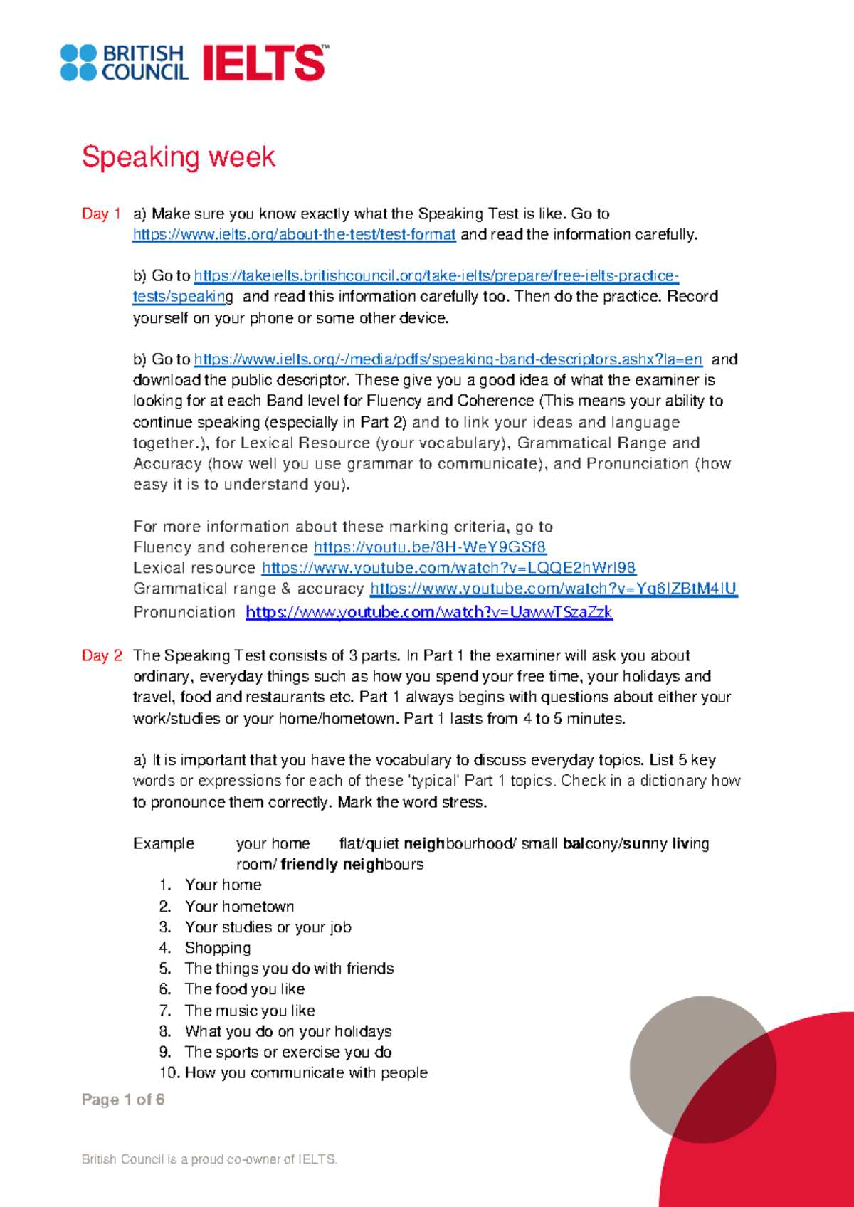 5-speaking week - English - Page 1 of 6 Speaking week Day 1 a) Make ...