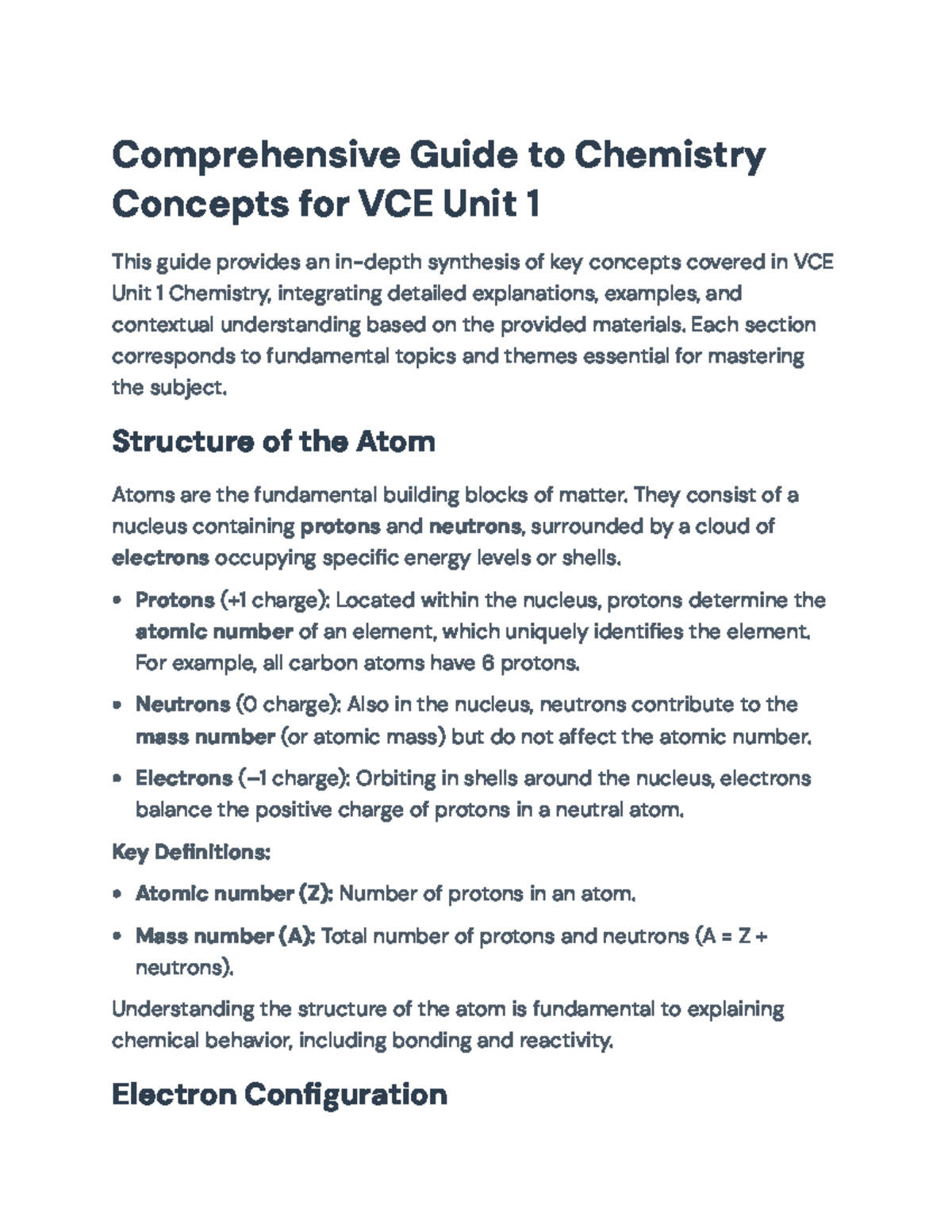 Comprehensive Chemistry Concepts Overview for VCE Unit 1 - Studocu