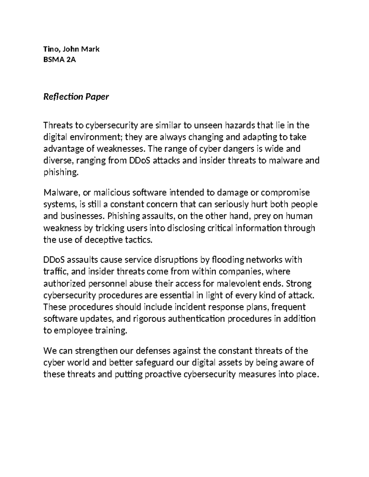 BSMA 2A Reflection Paper: Understanding Cybersecurity Threats - Studocu