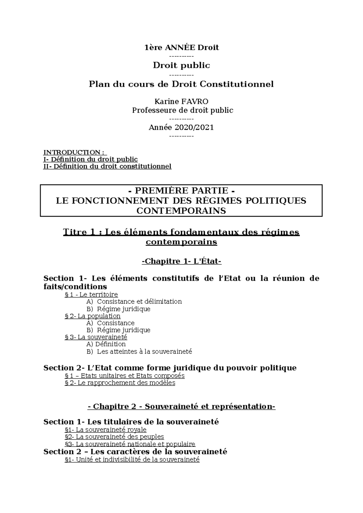 Plan du cours de Droit Constitutionnel L1 2023 - Studocu