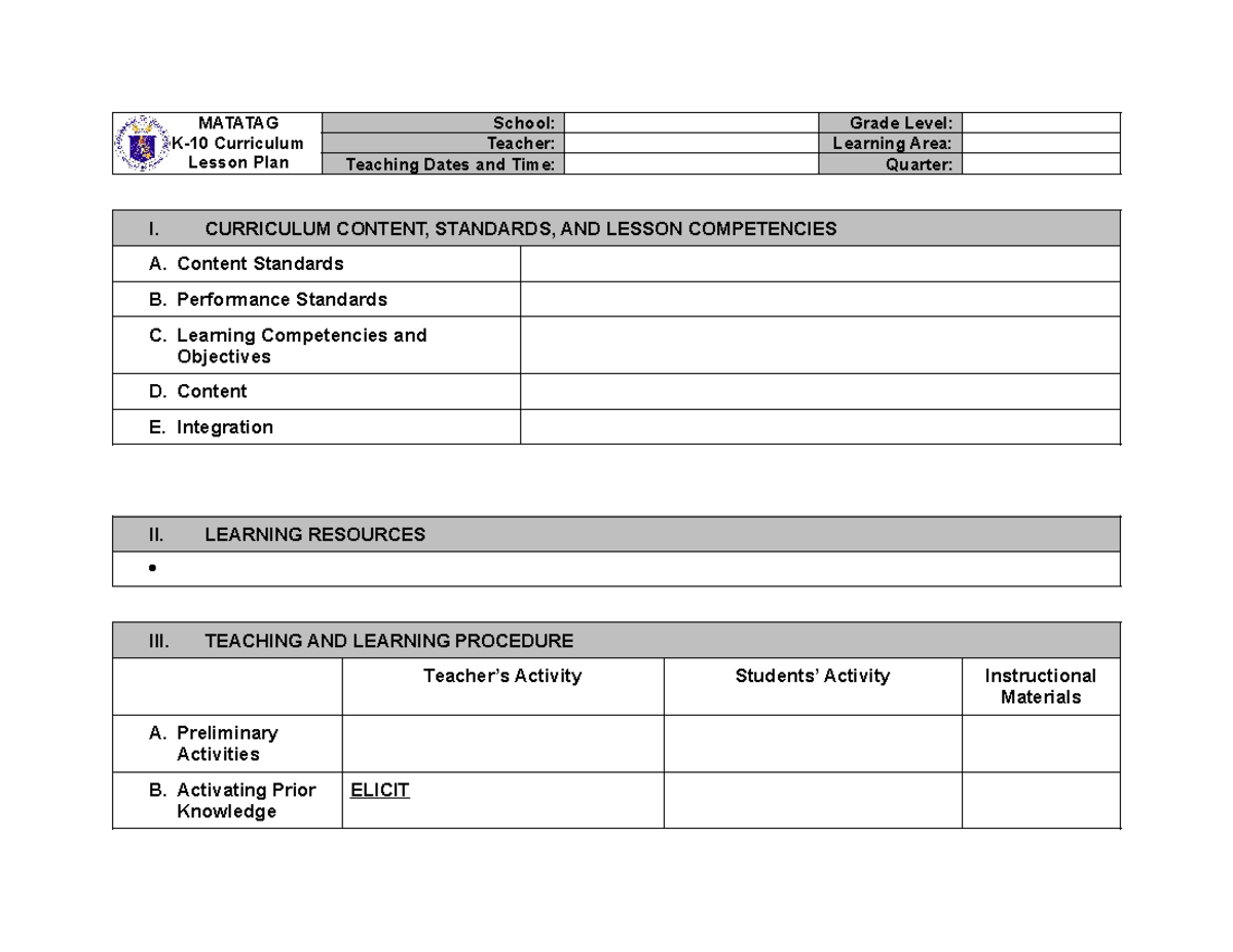 Matatag-LP- Template - MATATAG K-10 Curriculum Lesson Plan School ...