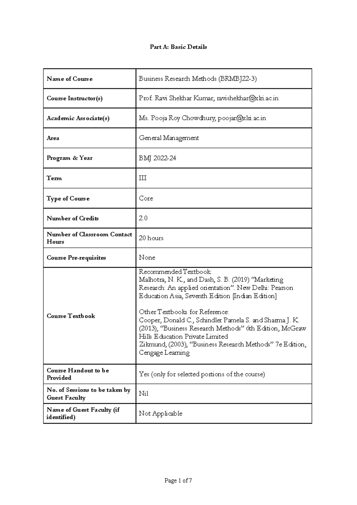 BRMBJ22-3 Course Outline: Business Research Methods Term III 2023 - Studocu