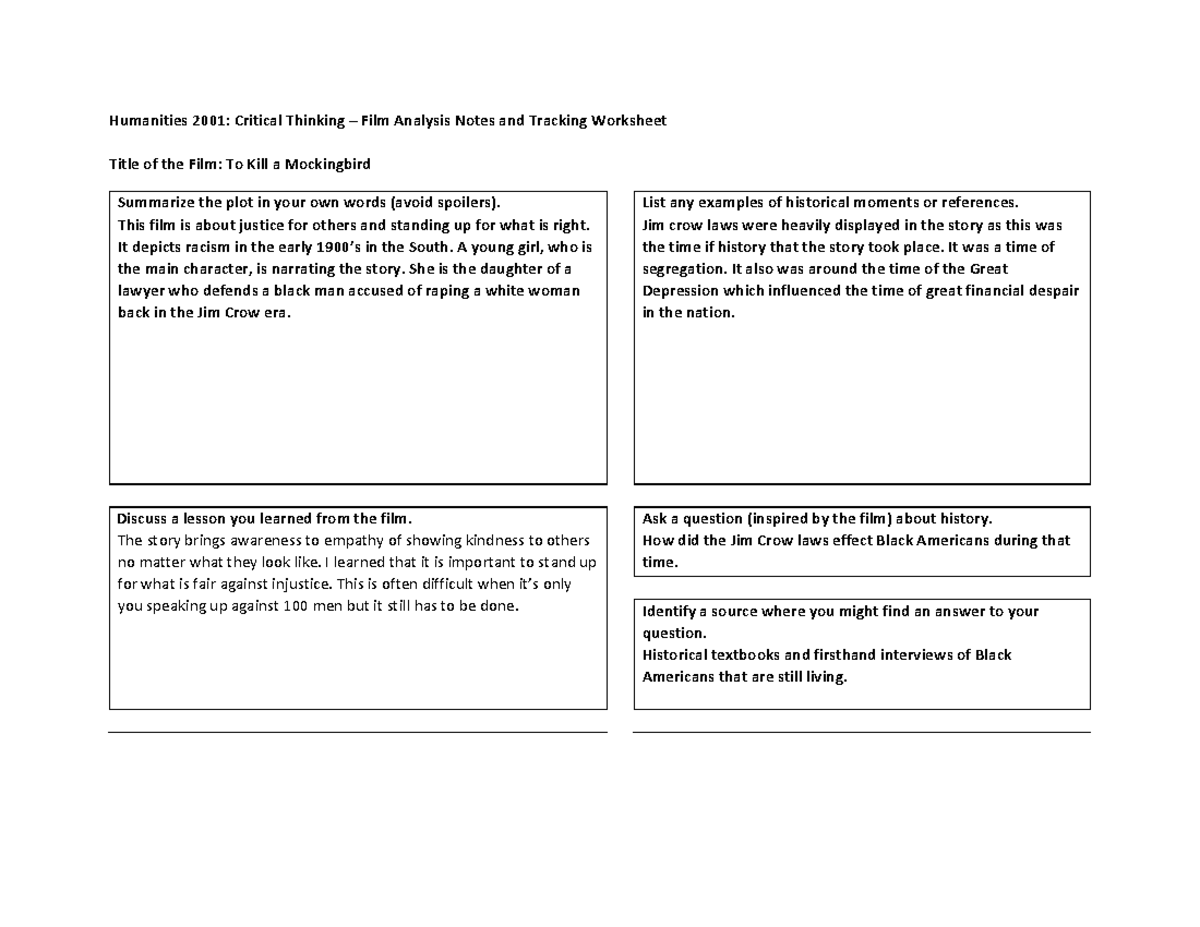 Humanities 2001: Film Analysis Notes on "To Kill a Mockingbird" - Studocu