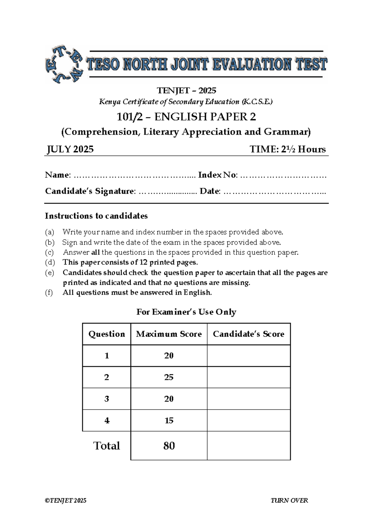 TESO North K.C.S.E. English Paper 2 (Comprehension & Literary ...
